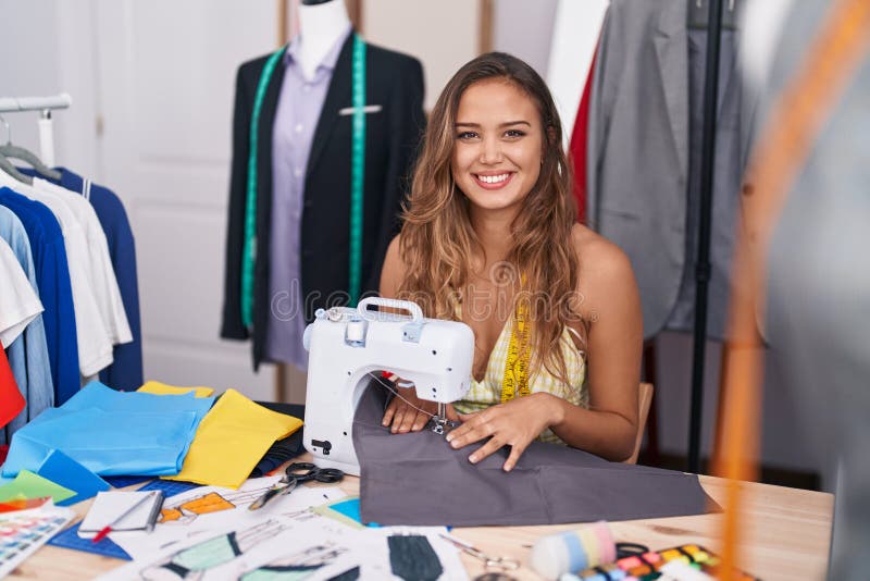 Young Beautiful Hispanic Woman Tailor Smiling Confident Using Sewing ...