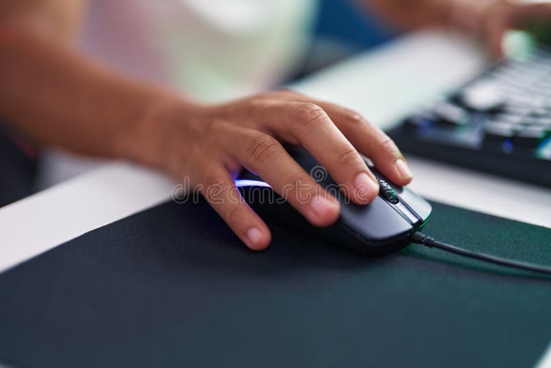 Young Beautiful Hispanic Woman Using Computer Mouse at Street Stock ...