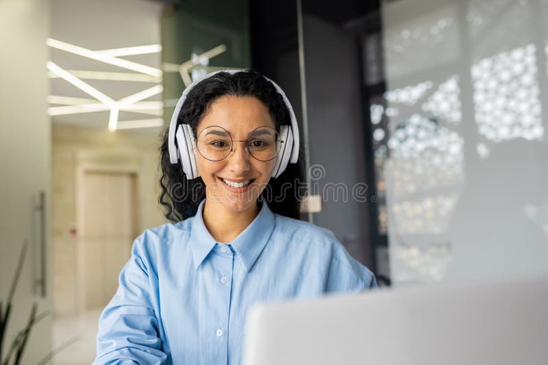 Young Beautiful Latin American Programmer Working Inside Office with ...
