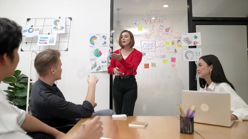 Young Beautiful Leader Present Business Project with Confident ...