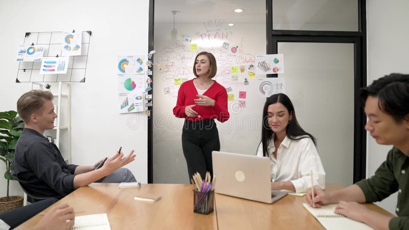 Young Beautiful Leader Present Business Project with Confident ...