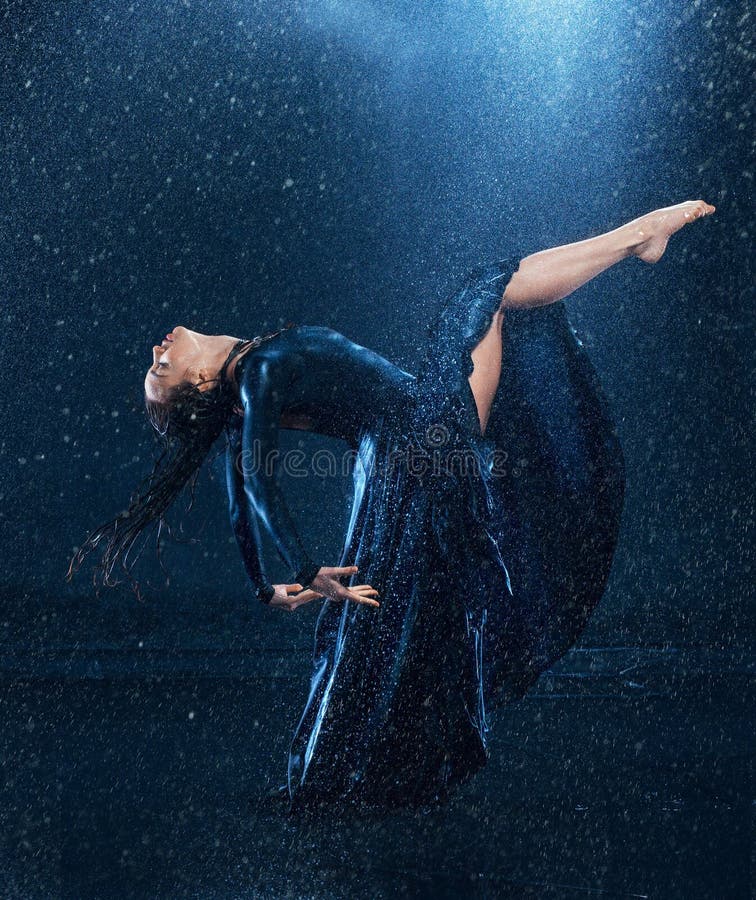 The Young Beautiful Modern Dancer Dancing Under Water Drops Stock Photo ...