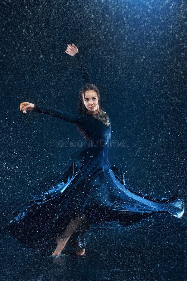 The Young Beautiful Modern Dancer Dancing Under Water Drops Stock Photo ...