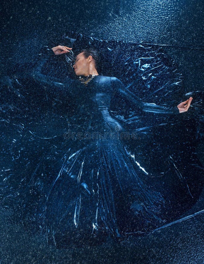 The Young Beautiful Modern Dancer Dancing Under Water Drops Stock Photo ...