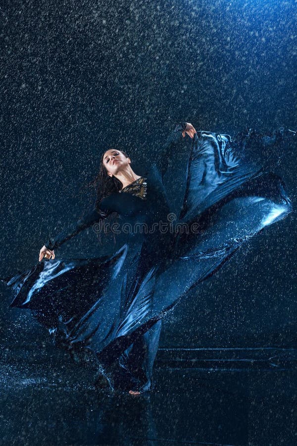 The Young Beautiful Modern Dancer Dancing Under Water Drops Stock Photo ...