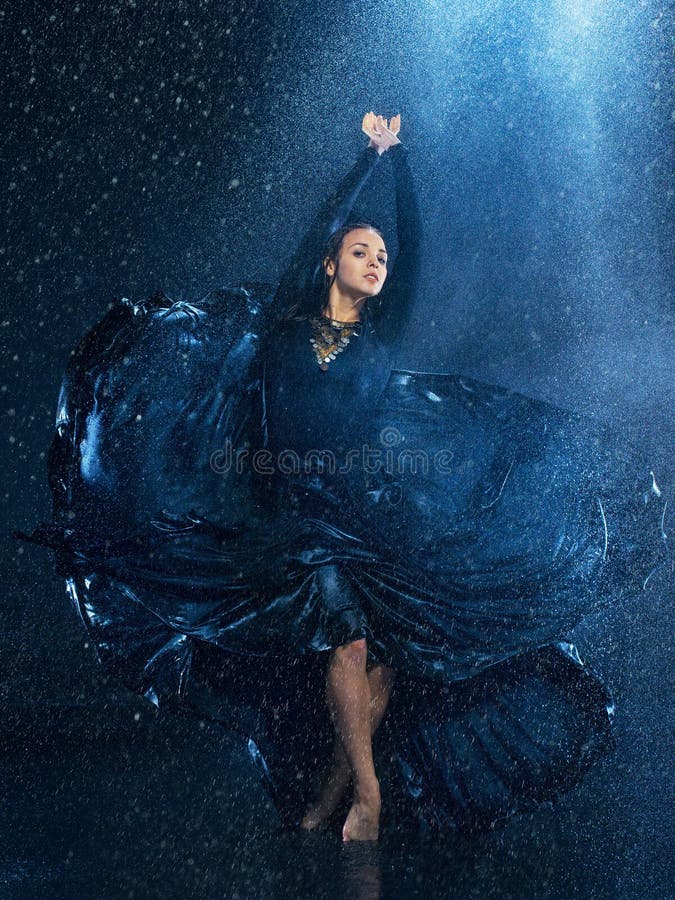 The Young Beautiful Modern Dancer Dancing Under Water Drops Stock Image ...