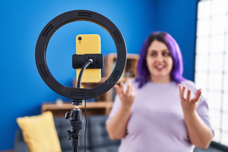 Young Beautiful Plus Size Woman Having Video Call Standing at Home ...