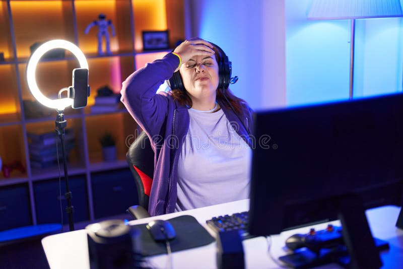 Young Beautiful Plus Size Woman Streamer Stressed Using Computer at ...