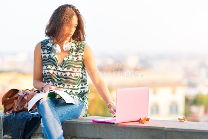 Young Beautiful Student Girl Studying with Books and Computer on Stock ...