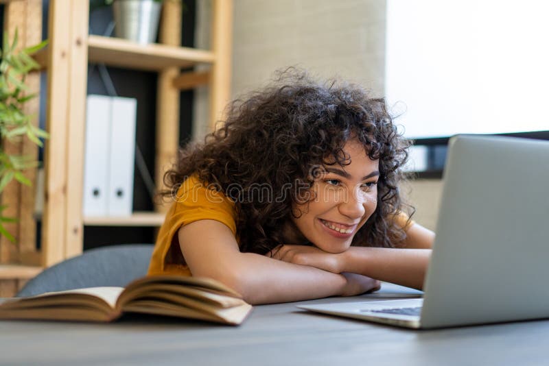 Young Beautiful Student Girl Working, Learning in College Library Stock ...