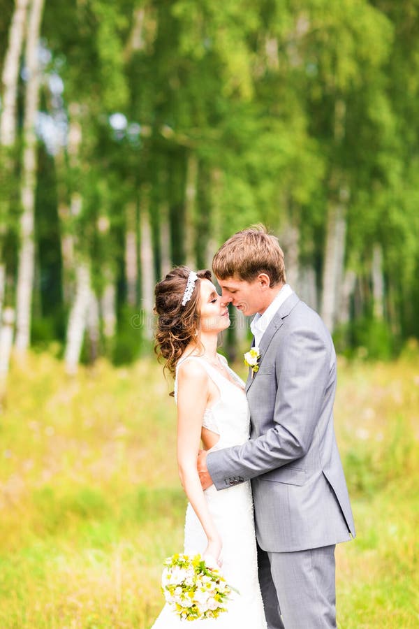 Young Beautiful Wedding Couple Hugging in a Field Stock Image - Image ...