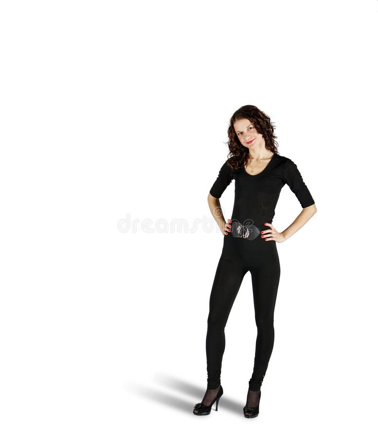 Young Beautiful Woman in Black Suit Posing Standing on All Fours Stock ...