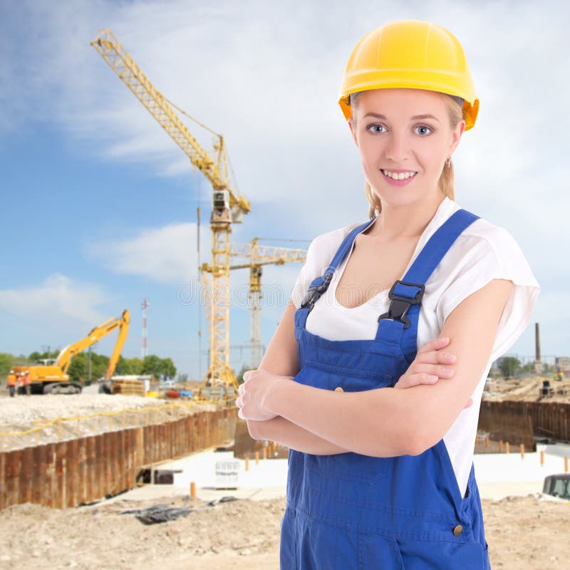 Young Beautiful Woman in Blue Builder Uniform Stock Image - Image of ...