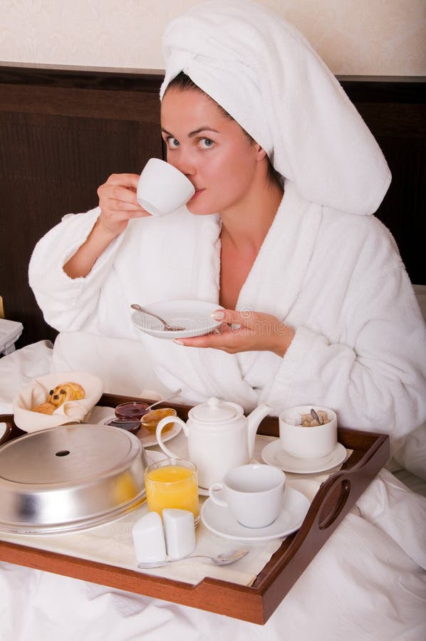Young Beautiful Woman with Breakfast in Bed Stock Photo - Image of ...