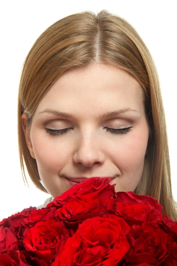 Young Beautiful Woman with a Bunch of Roses Stock Photo - Image of face ...