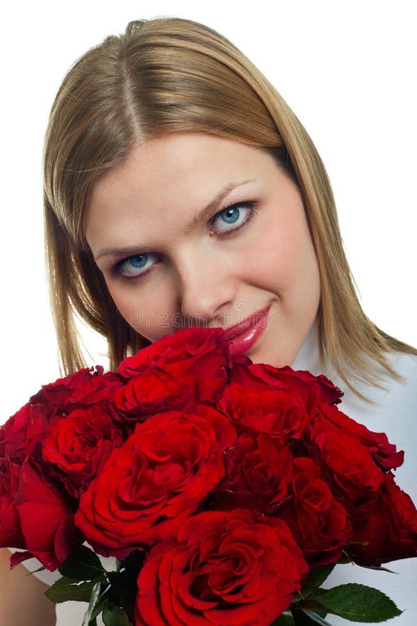 Young Beautiful Woman with a Bunch of Roses Stock Image - Image of ...