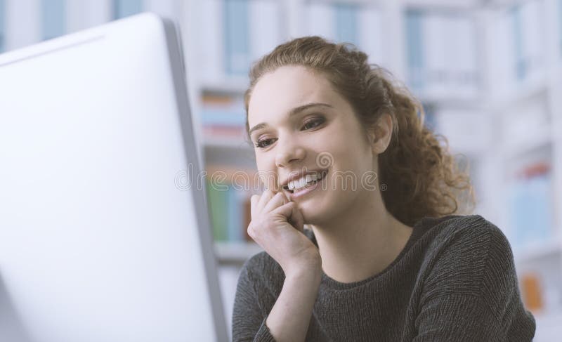 Young Beautiful Woman Connecting with Her Computer Stock Image - Image ... Young Beautiful Woman Connecting with Her Computer Stock Image - Image ...