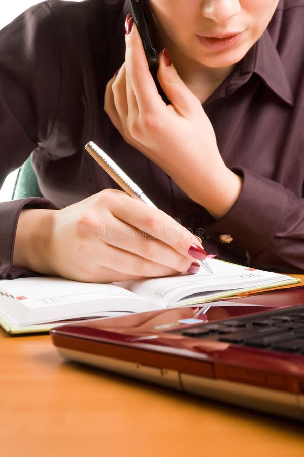 Young Beautiful Woman at Desk Writing a Note. Stock Image - Image of ...