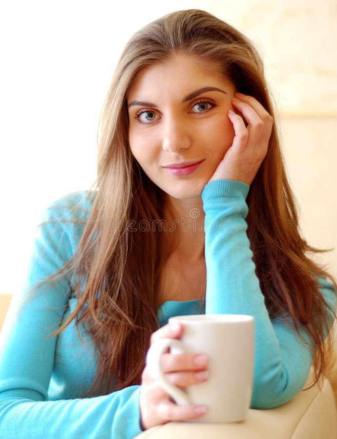 Young Beautiful Woman Drinking Tea at Home Stock Photo - Image of ...