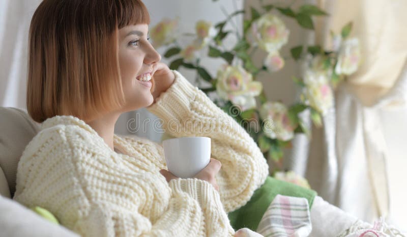 Young Beautiful Woman Drinking Tea Stock Photo - Image of face, morning ...