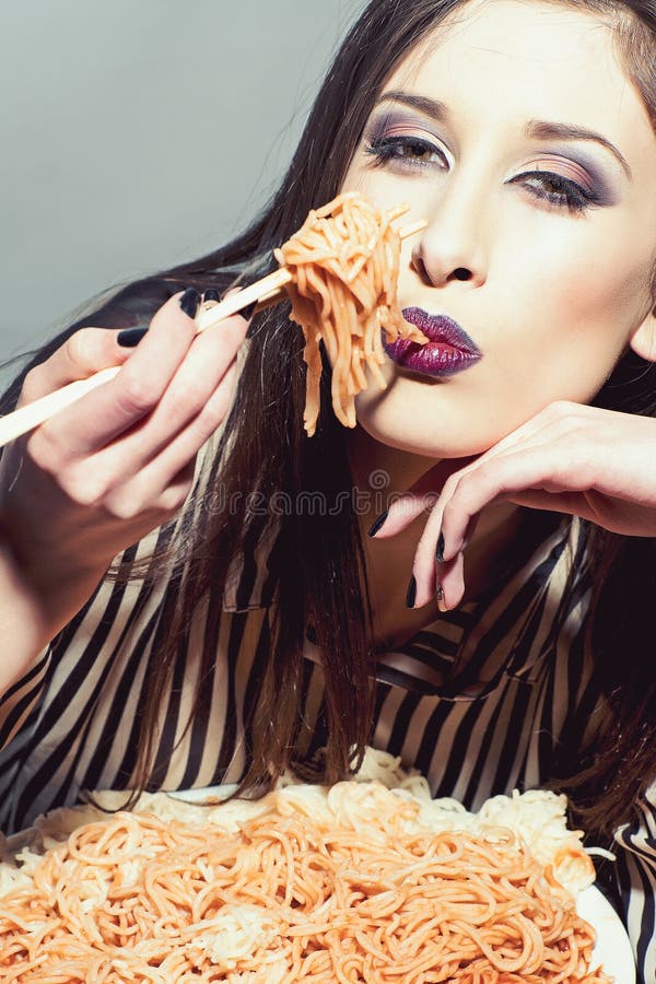Young Beautiful Woman Eating Spaghetti on Plate Stock Image - Image of ...