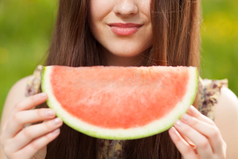 Young Beautiful Woman Eating a Watermelon Stock Photo - Image of ...