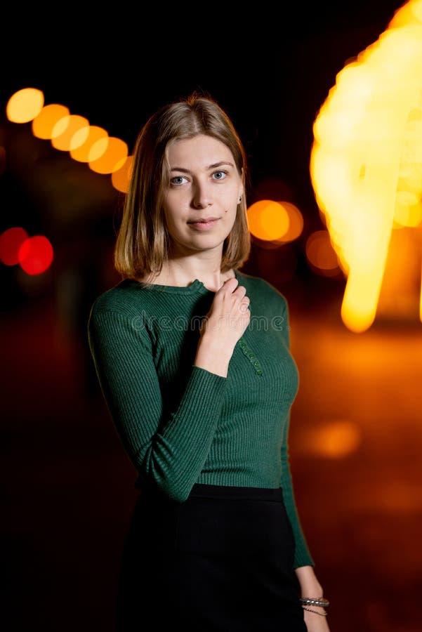 Young Beautiful Woman in Evening Night City Stock Image - Image of ...