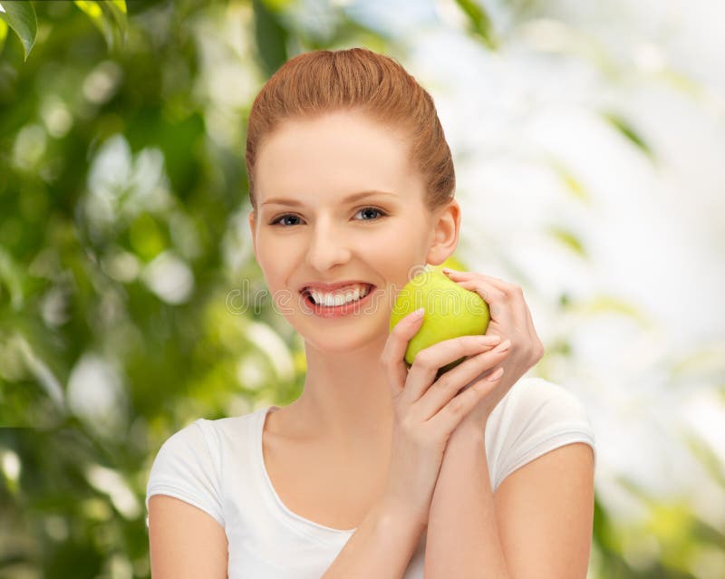 Young Beautiful Woman with Green Apple Stock Photo - Image of cheerful ...