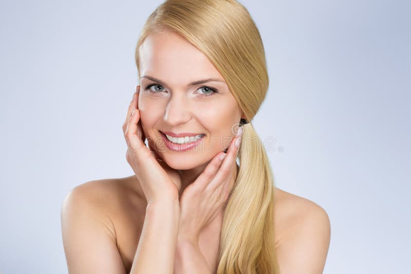 Young Beautiful Woman with Hands on Cheeks Smiling Stock Image - Image ...