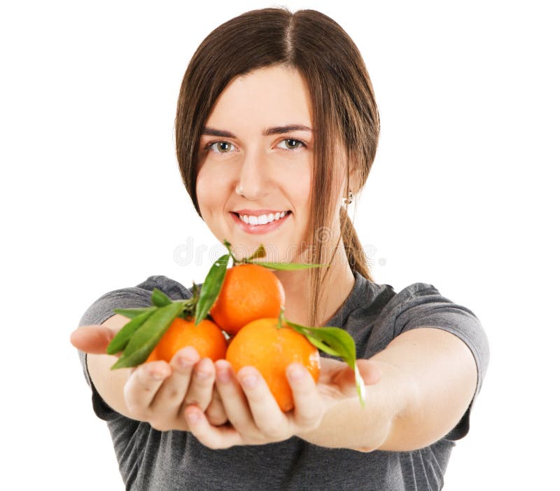 Young Beautiful Woman Holding Fresh Tangerines Stock Photo - Image of ...