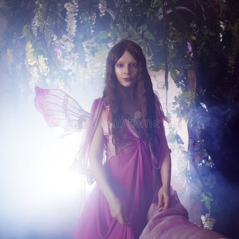 Young Beautiful Woman in the Image of Fairies, Magic Dark Forest Stock ...