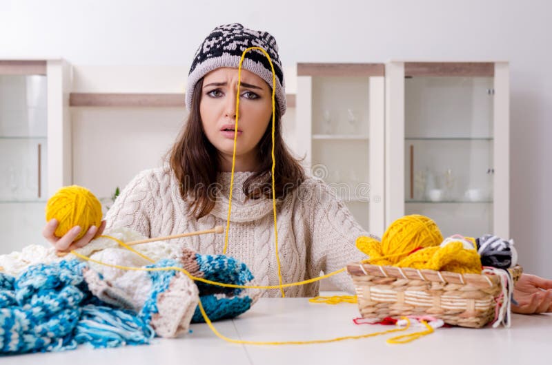 Young Beautiful Woman Knitting at Home Stock Photo - Image of home ...