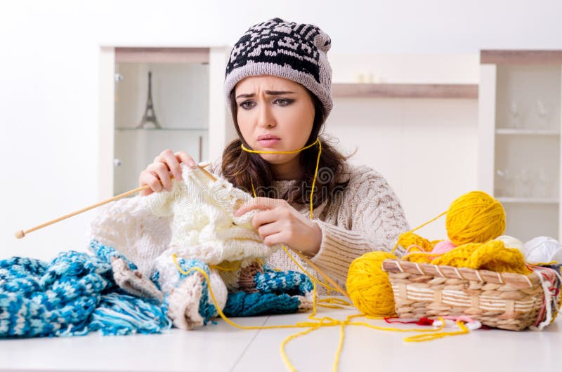 Young Beautiful Woman Knitting at Home Stock Image - Image of leisure ...