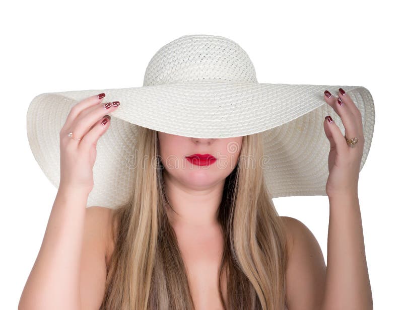 Young Beautiful Woman in a Large White Hat, Isolated on White ...