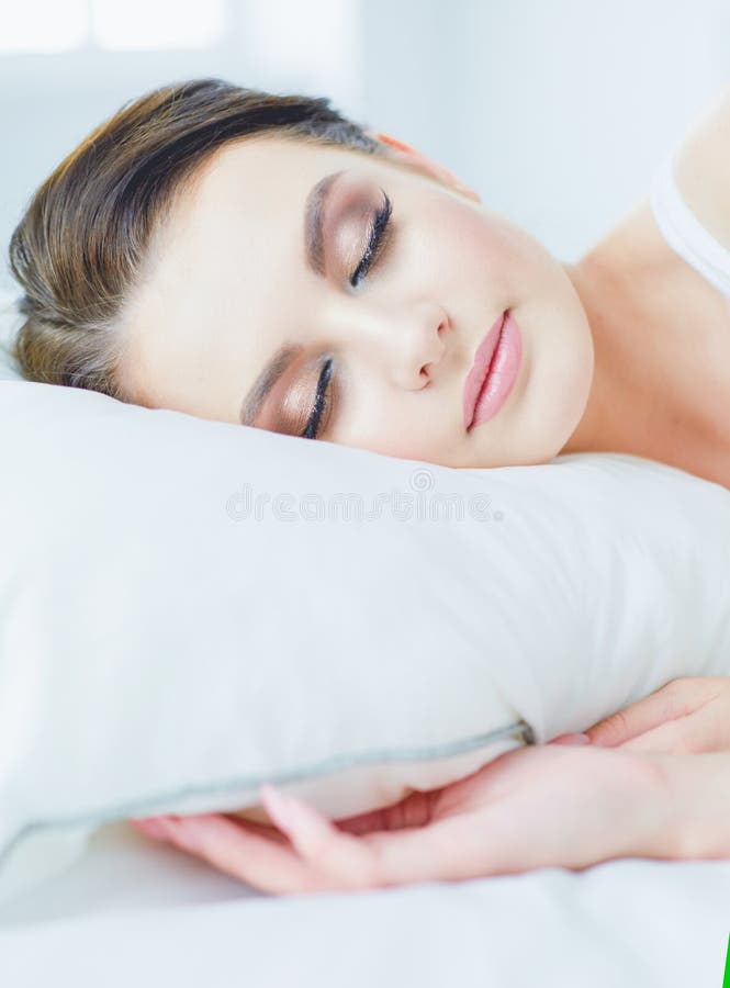 Young Beautiful Woman Lying in Bed. Stock Photo - Image of woman ...