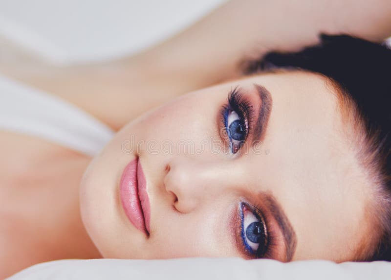 Young Beautiful Woman Lying in Bed. Stock Photo - Image of happy ...