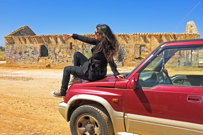 Young Beautiful Woman Pointing Far Stock Photo - Image of looking ...