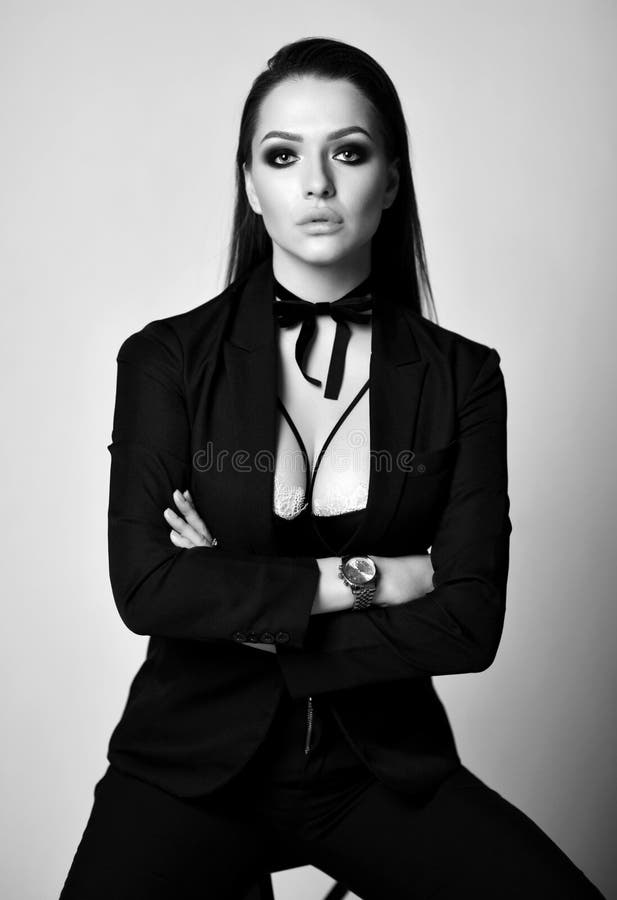 Young Beautiful Woman Posing In Spring Jacket And Underwear Stock Image