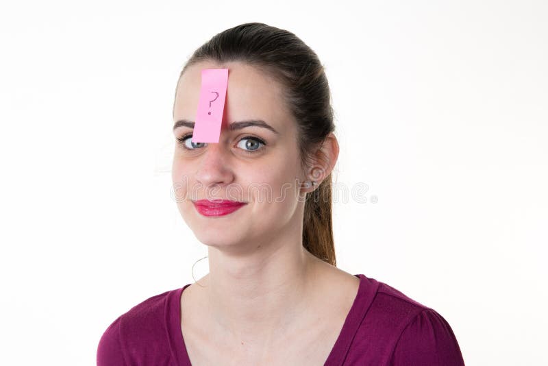 Young Beautiful Woman with Post-it Stuck on Forehead Stock Image ...