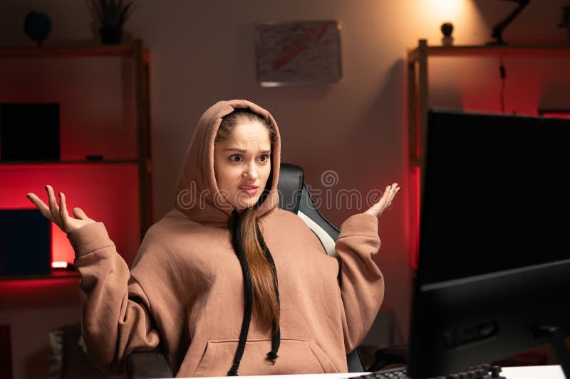 Young Beautiful Woman Programmer in Hoodie Working Overtime at Night ...