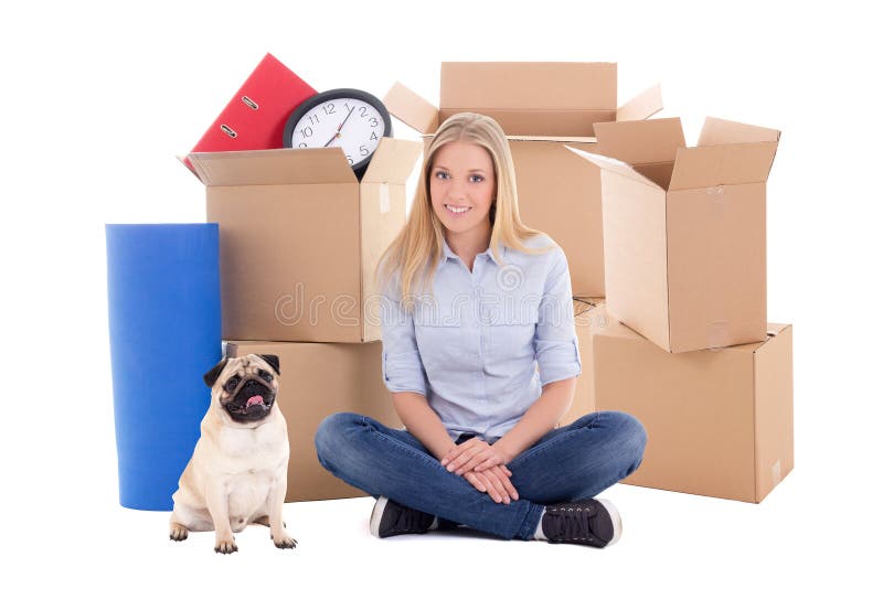 Young Beautiful Woman Ready for Moving Day Isolated on White Stock ...