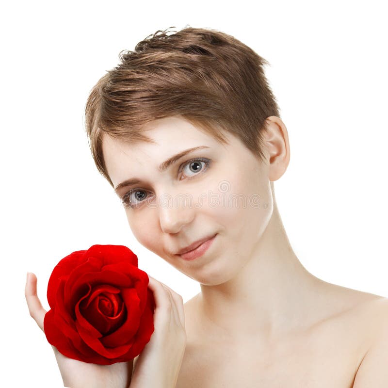 Young Beautiful Woman with Red Rose Stock Photo - Image of hairstyle ...