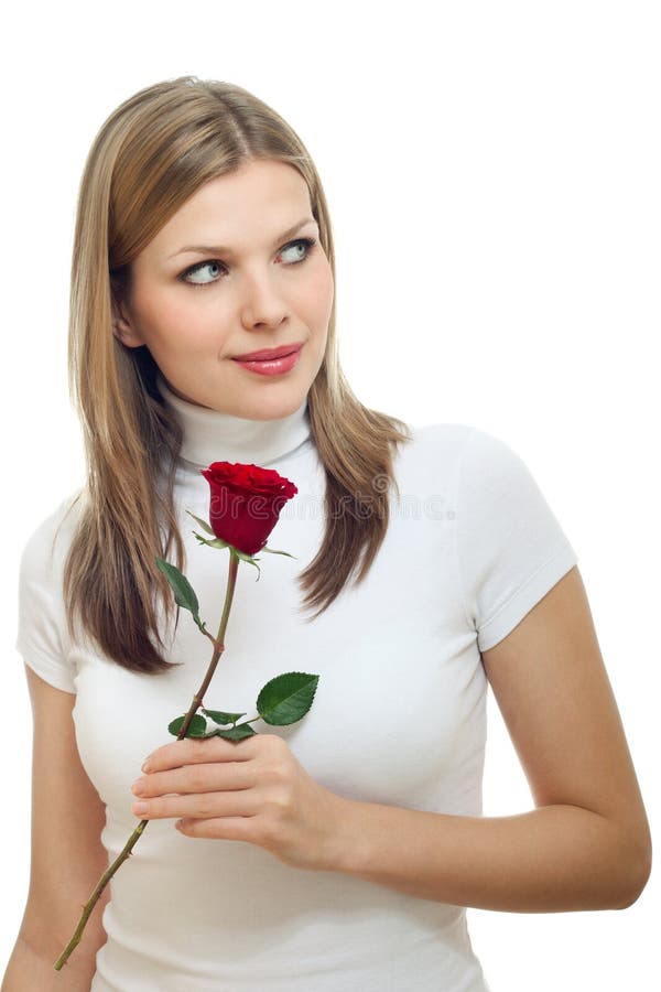 Young Beautiful Woman with a Single Red Rose Stock Image - Image of ...