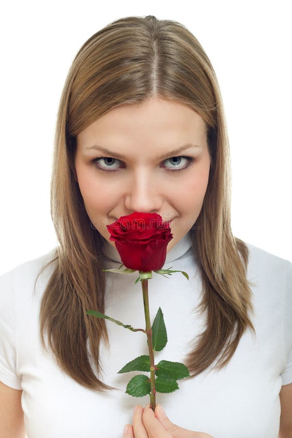 Young Beautiful Woman with a Single Red Rose Stock Photo - Image of ...