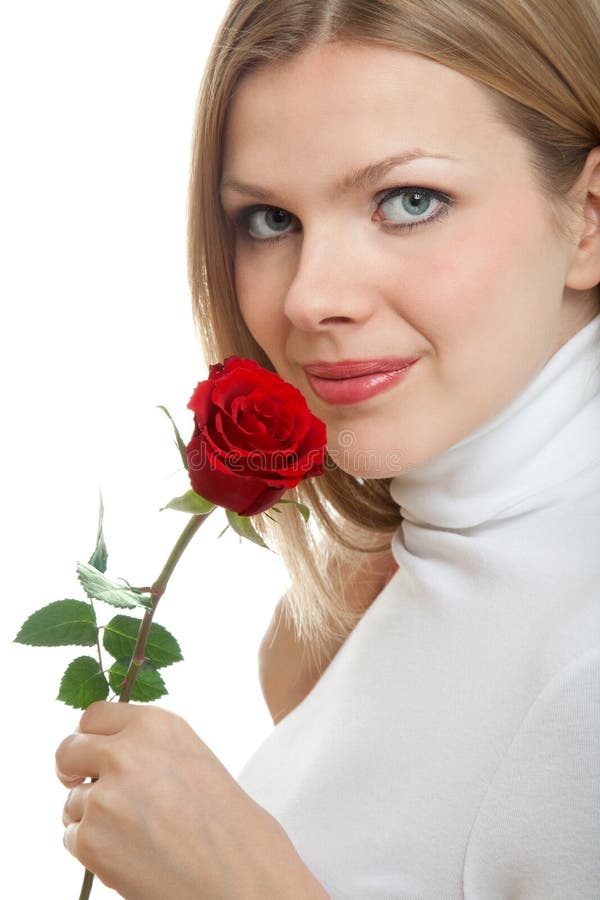 Young Beautiful Woman with a Single Red Rose Stock Image - Image of ...