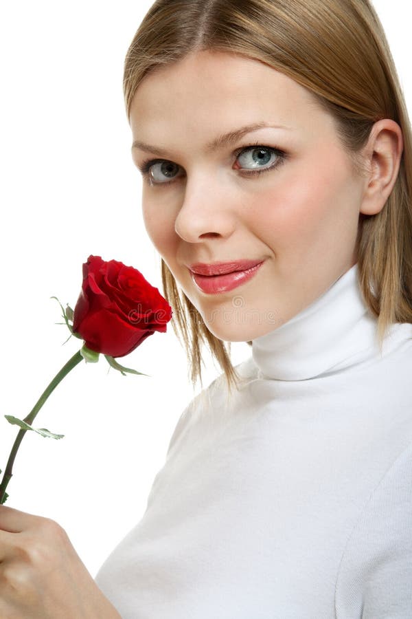Young Beautiful Woman with a Single Red Rose Stock Image - Image of ...