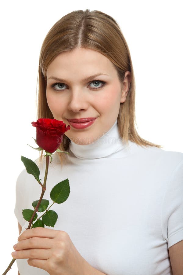 Young Beautiful Woman with a Single Red Rose Stock Photo - Image of ...