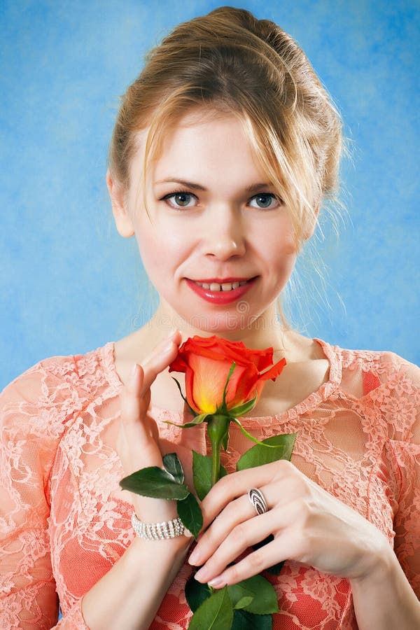 Young Beautiful Woman with a Single Red Rose Stock Image - Image of ...