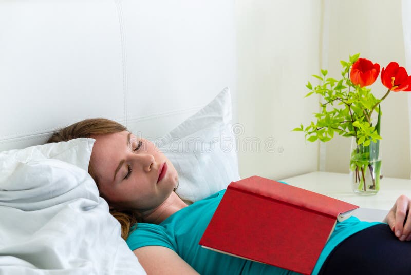 Woman Sleeping on the Bed with Open Book Stock Image - Image of leisure ...