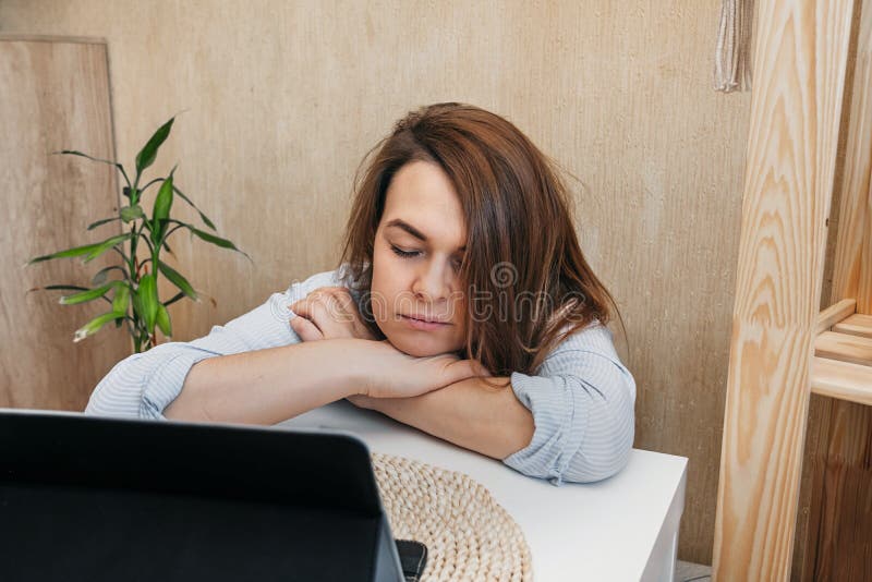 Young Beautiful Woman is Sleeping on Home Office Desktop in Front of ...